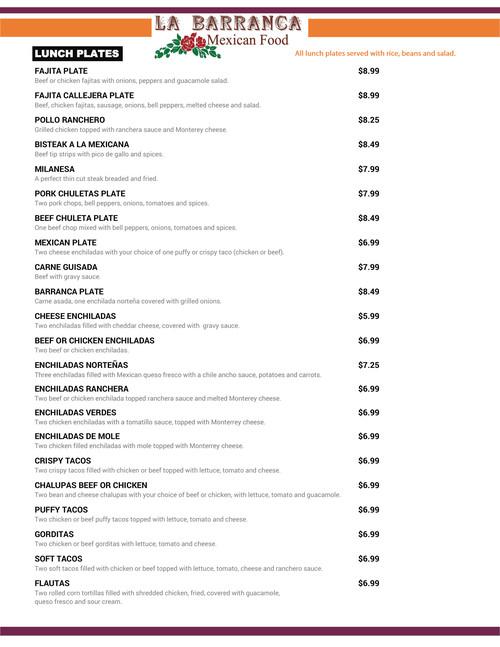 La Barranca menu in San Antonio, Texas, USA