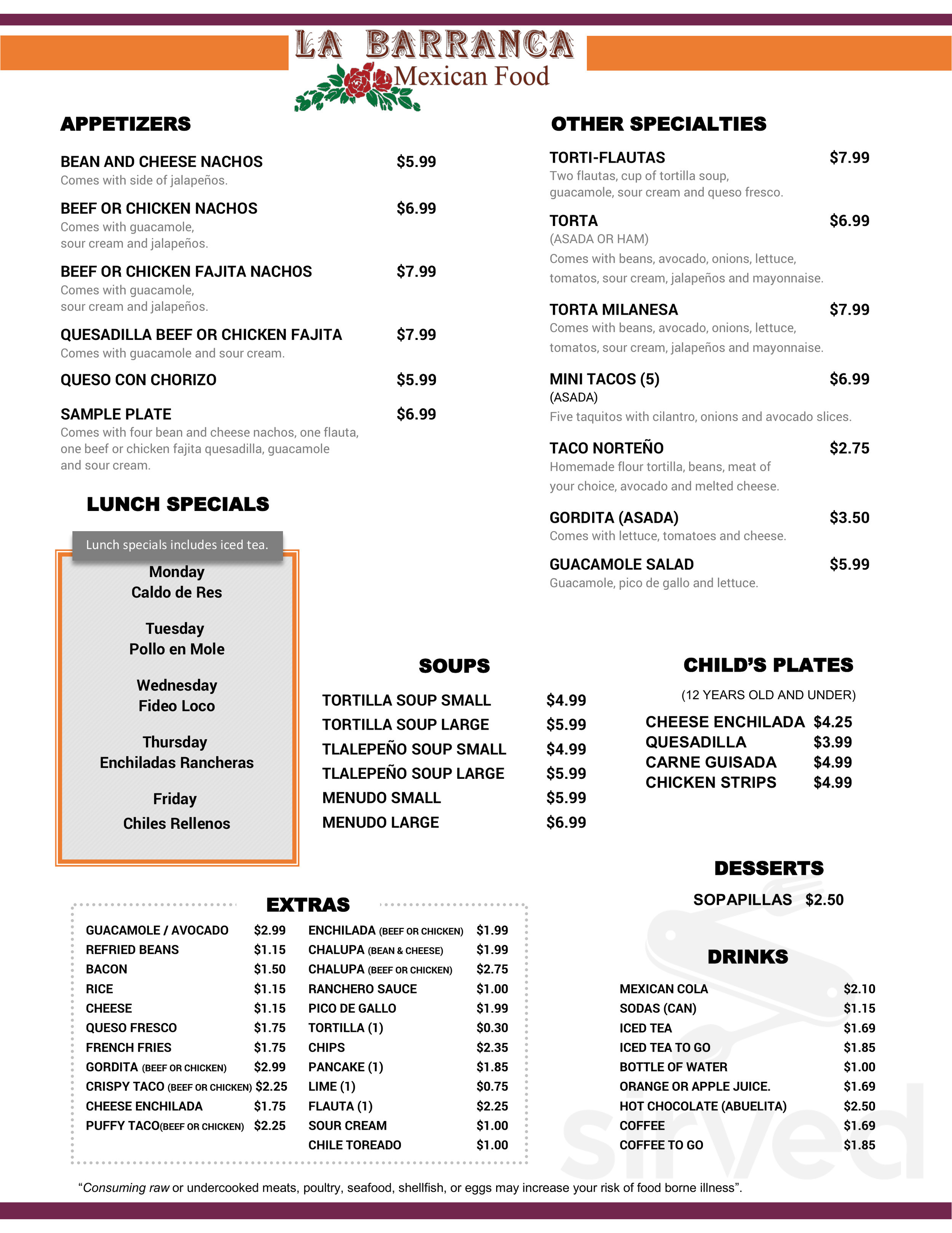 La Barranca menu in San Antonio, Texas, USA