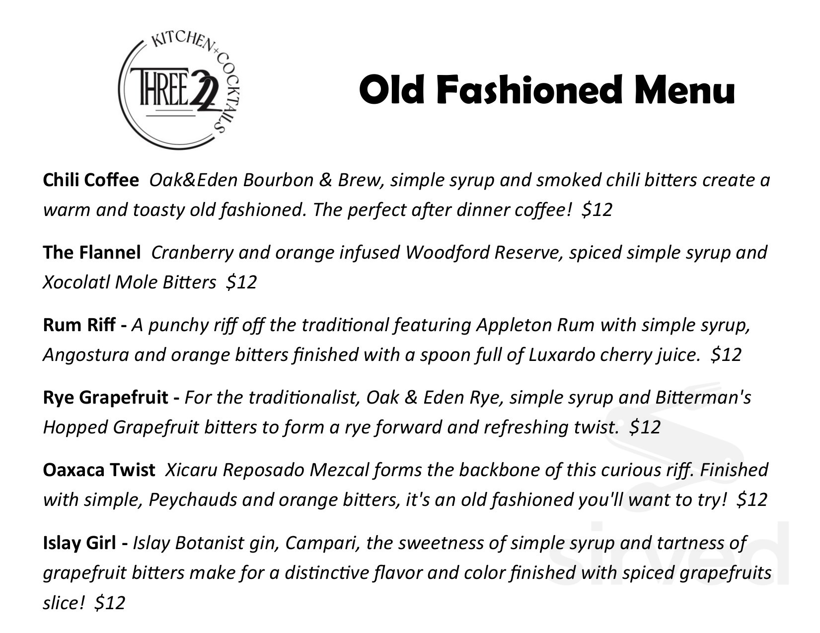Menu - Aberdeen SD's Three22 Kitchen + Cocktails | Sirved