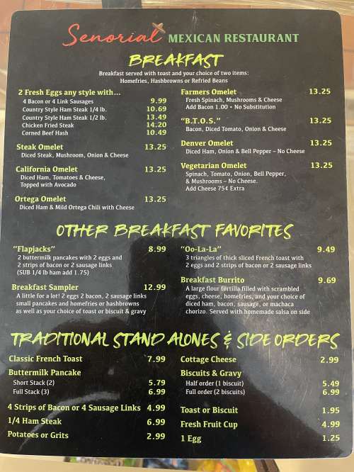 Señorial Mexican Restaurant menu in Beaumont, California, USA