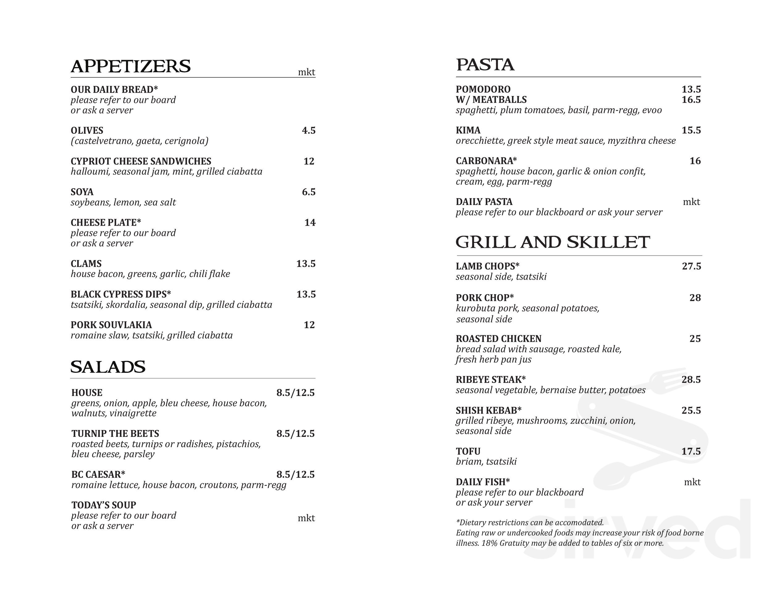 The Black Cypress menu in Pullman, Washington, USA