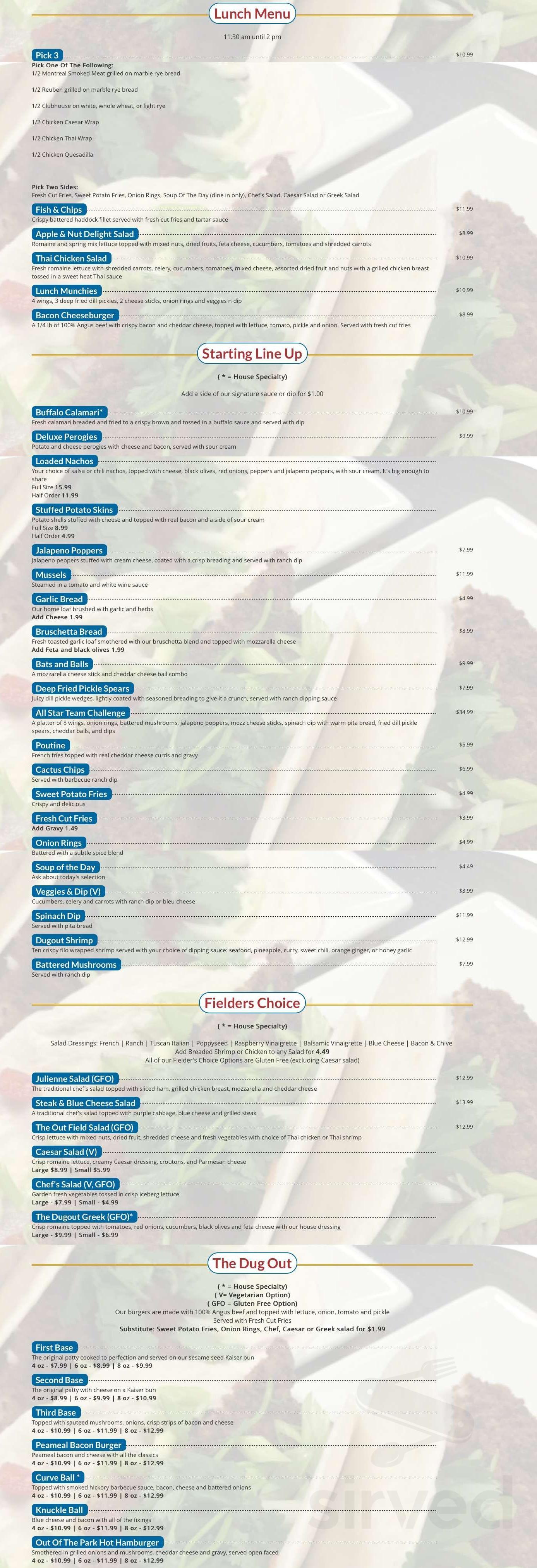 The Dugout menus in Belleville, Ontario, Canada