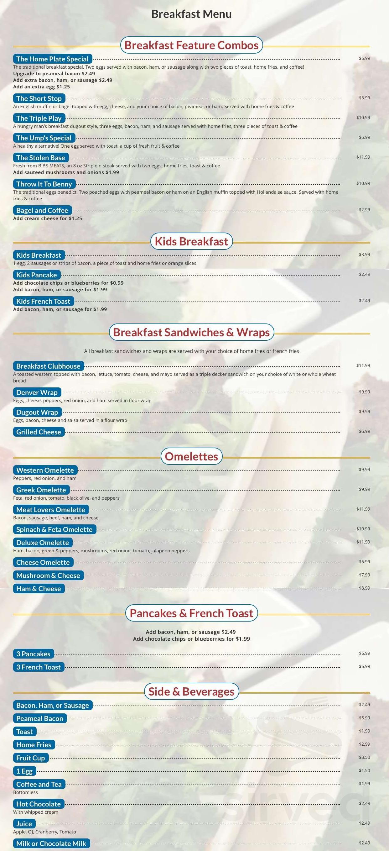 The Dugout menus in Belleville, Ontario, Canada