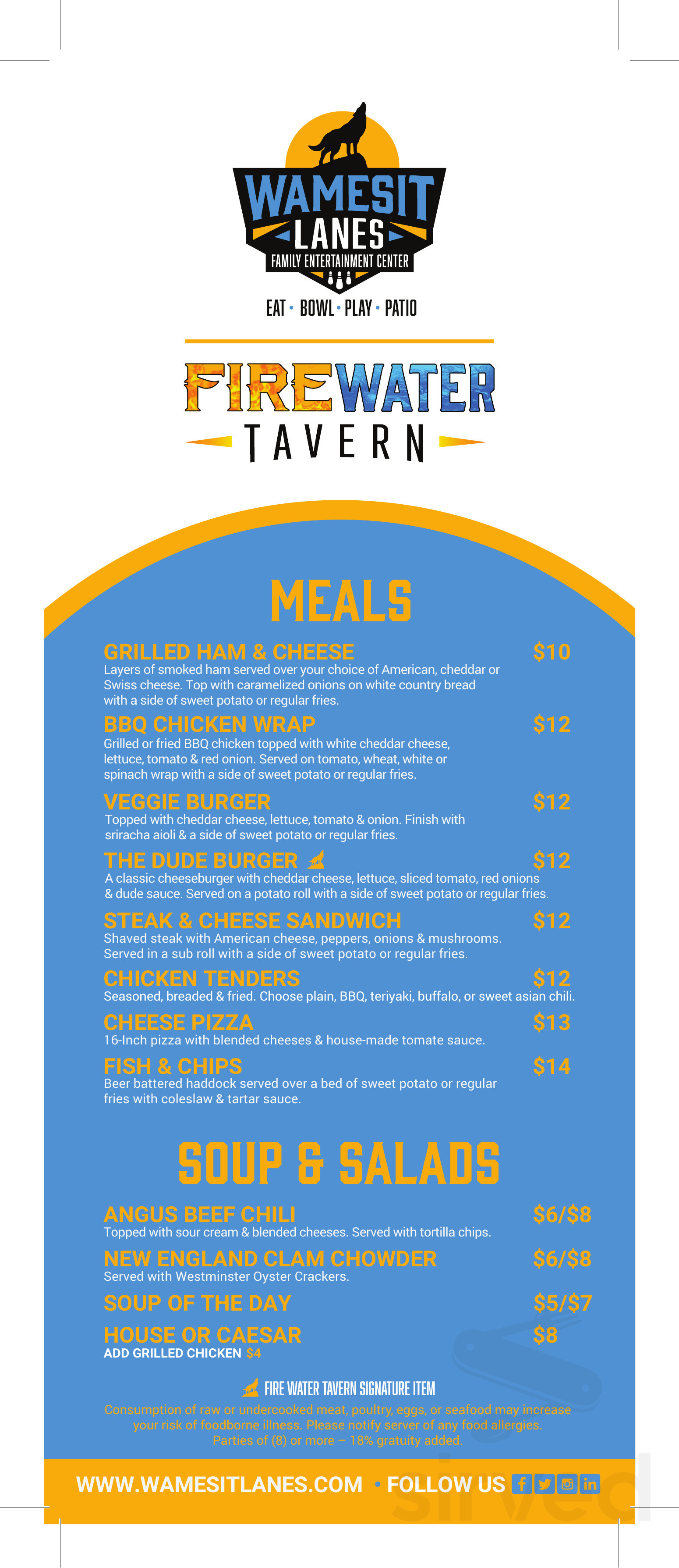 Wamesit Lanes menu in Tewksbury, Massachusetts, USA