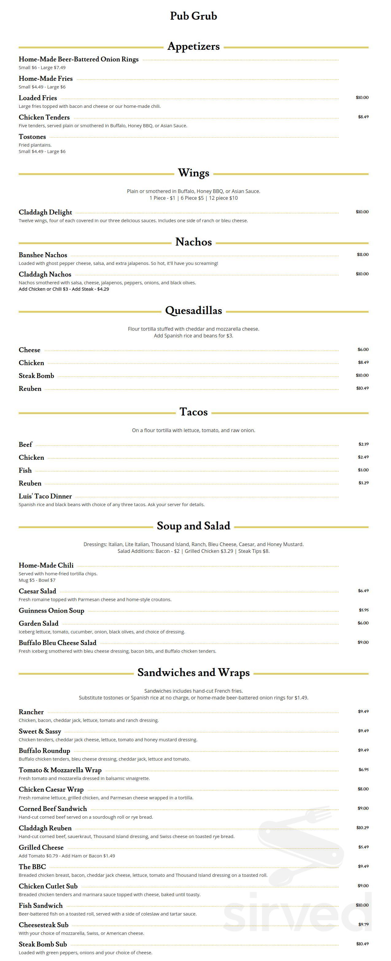 The Claddagh Pub menu in Lawrence, Massachusetts, USA