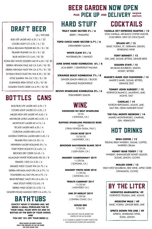 The San Francisco Athletic Club menu in San Francisco, California, USA