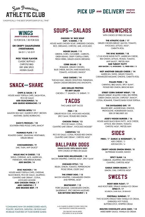 The San Francisco Athletic Club menu in San Francisco, California, USA
