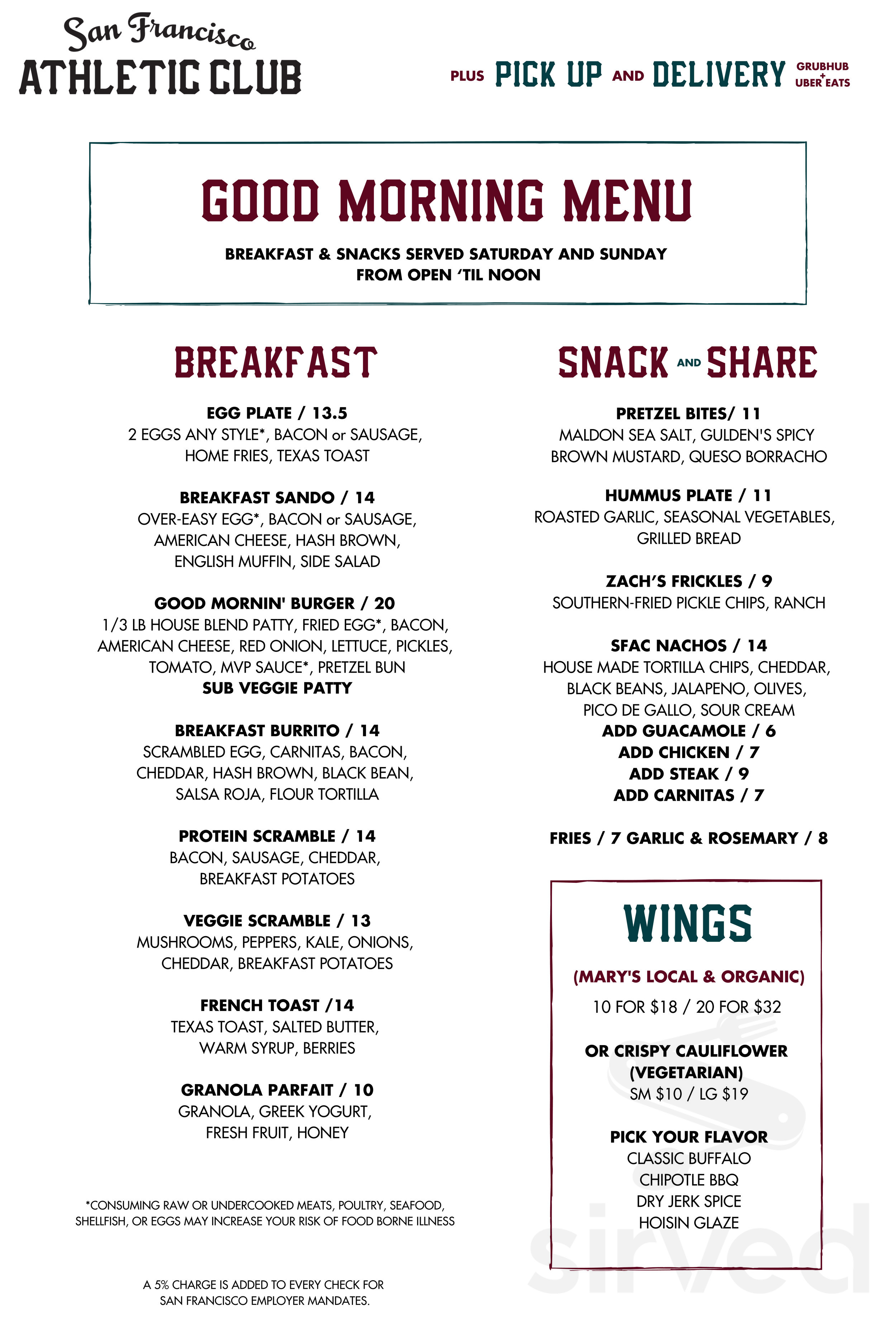 The San Francisco Athletic Club menu in San Francisco, California, USA