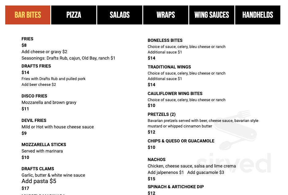 Menu - Lake Ariel PA's Drafts Bar & Grill | Sirved