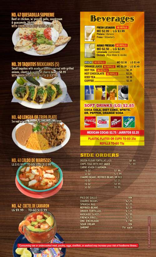 Taqueria La Tapatia menu in Corpus Christi, Texas, USA