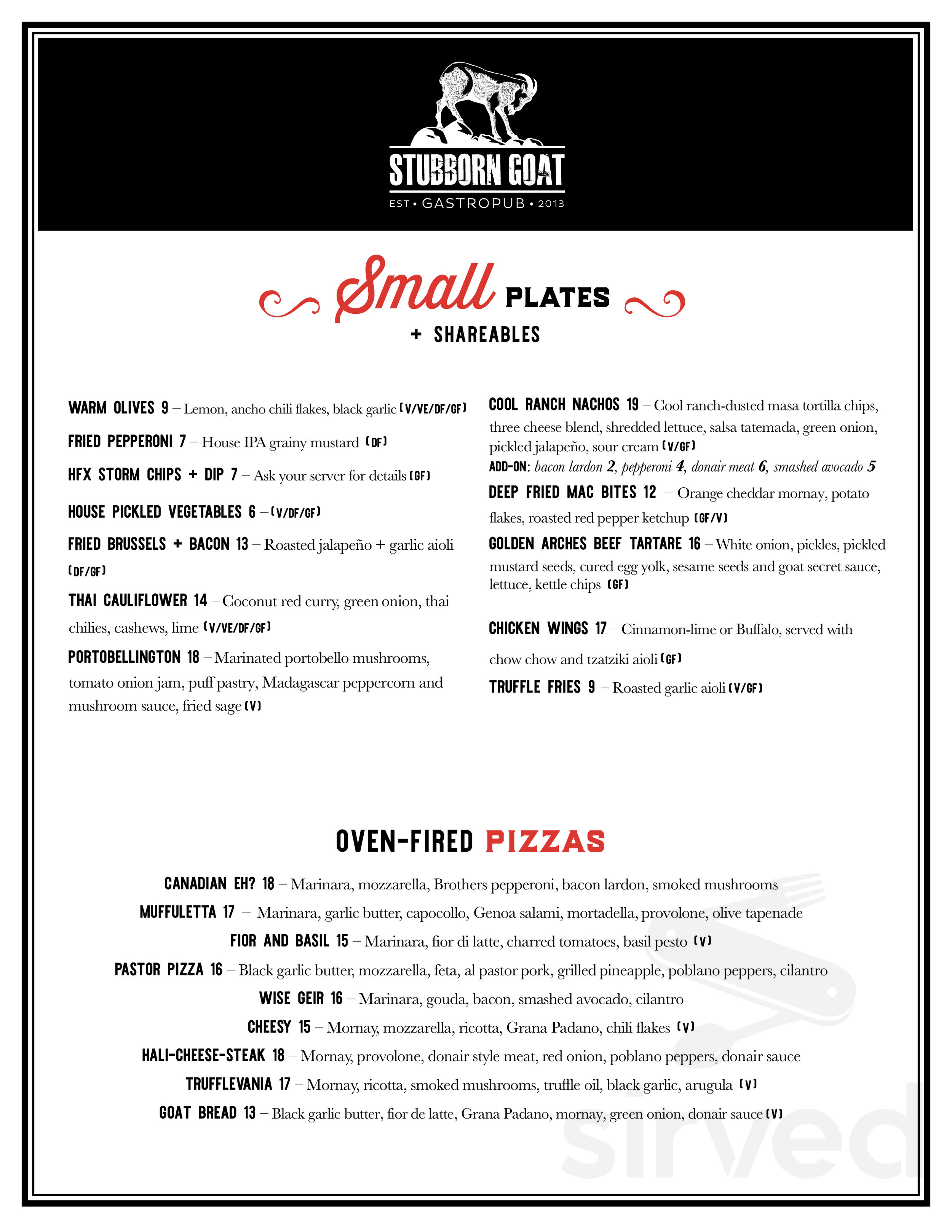The Stubborn Goat Gastropub Menu - Halifax, Nova Scotia | Sirved