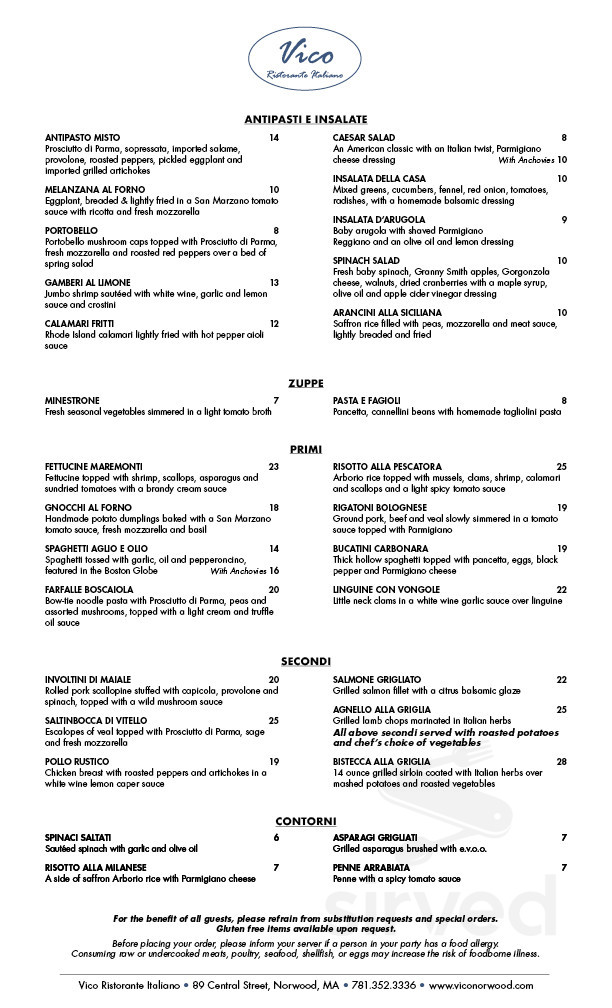 Menu for Vico Ristorante Italiano in Norwood, MA | Sirved