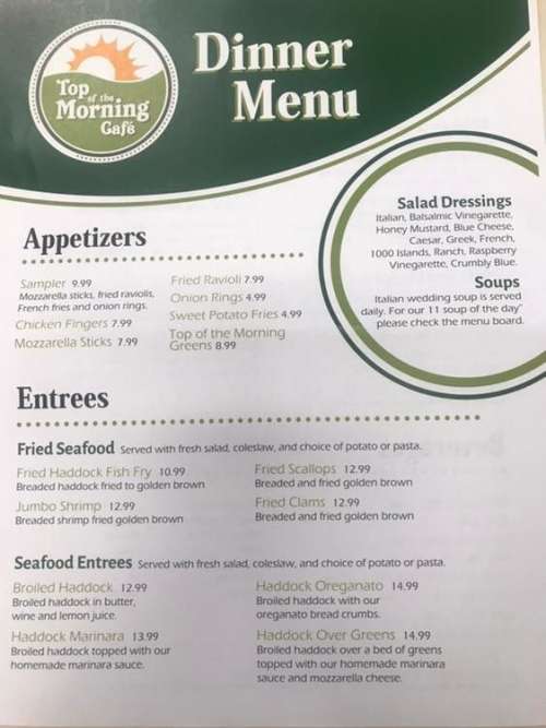 Top of the Morning Cafe menu in Utica, New York, USA
