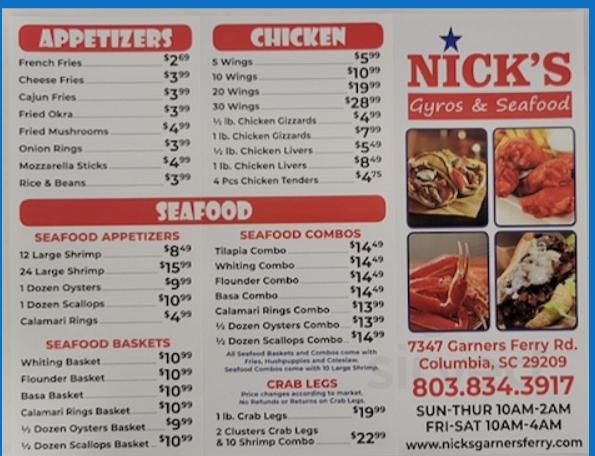 Nick's Gyros Seafood IV menu in Columbia, South Carolina, USA