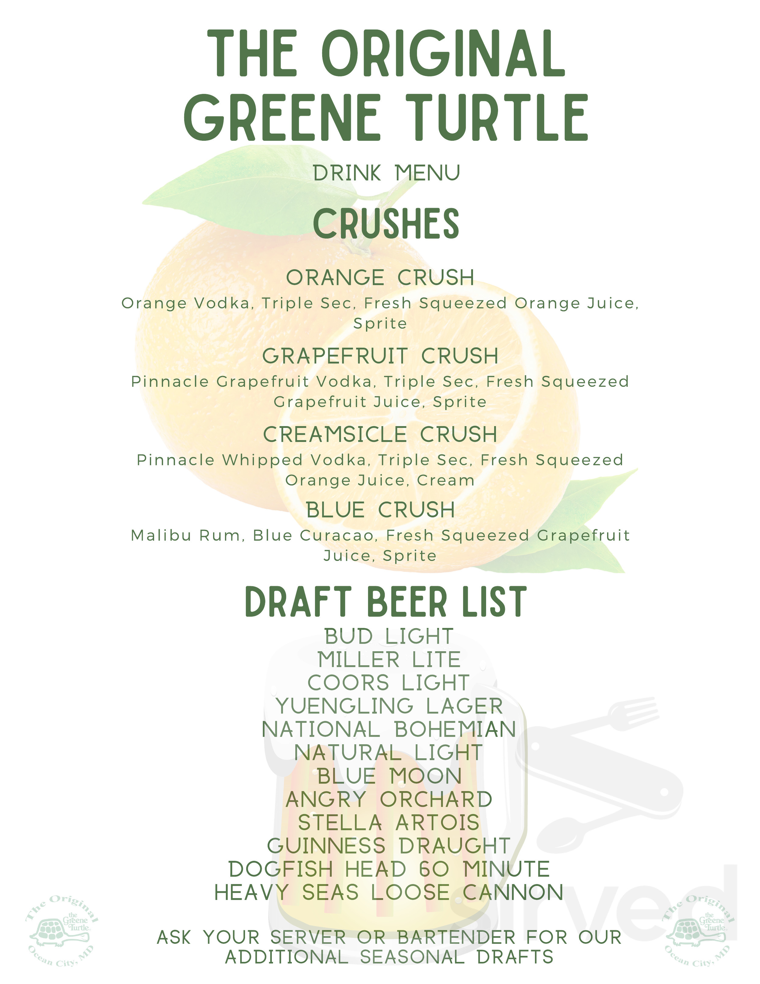 Menu - Ocean City MD's The Original Greene Turtle | Sirved