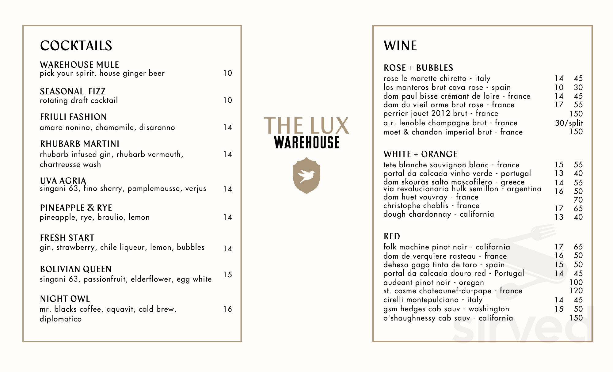 Warehouse | The Lux menu in Charleston, South Carolina, USA