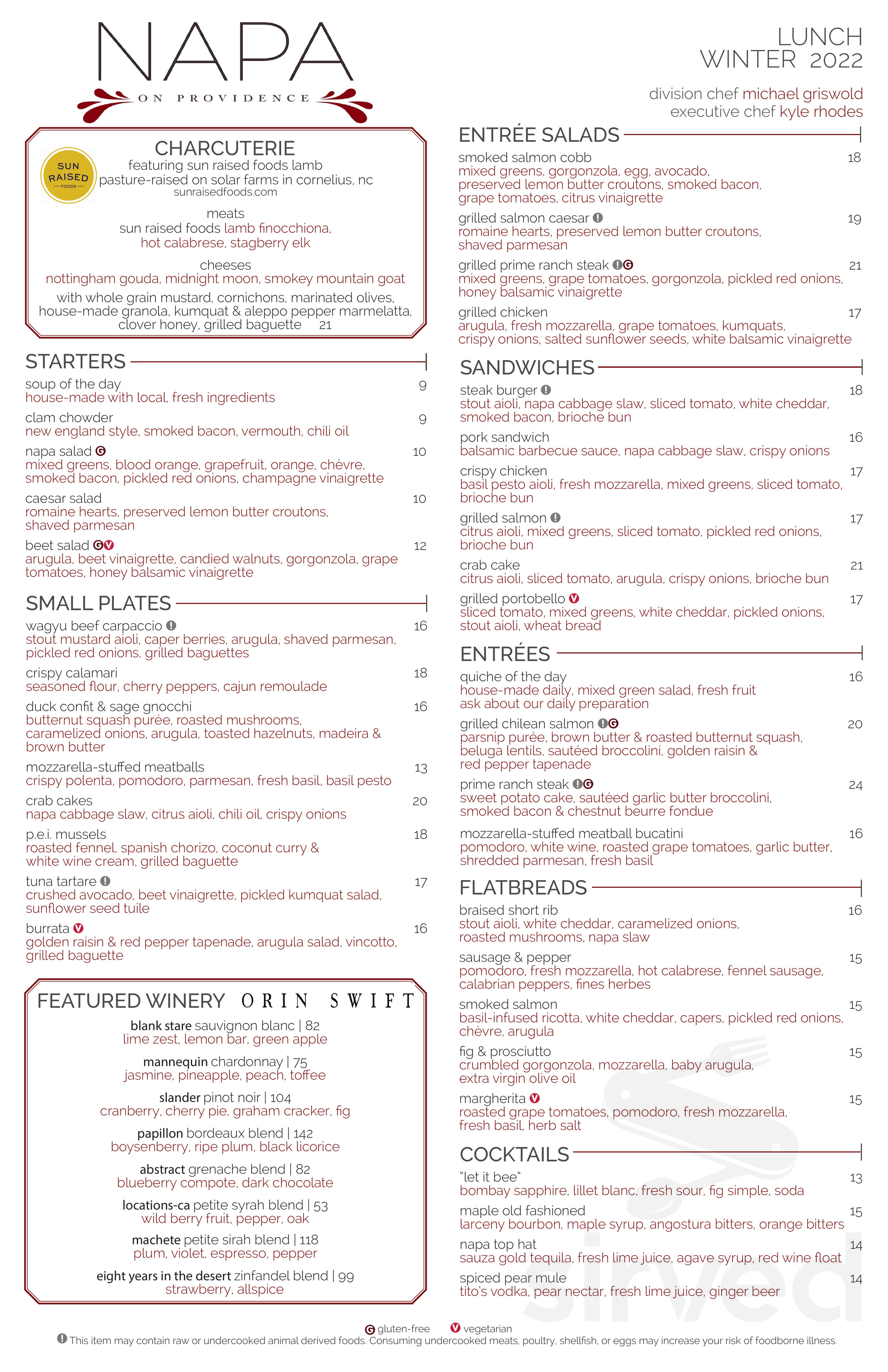Napa on Providence menu in Charlotte, North Carolina, USA