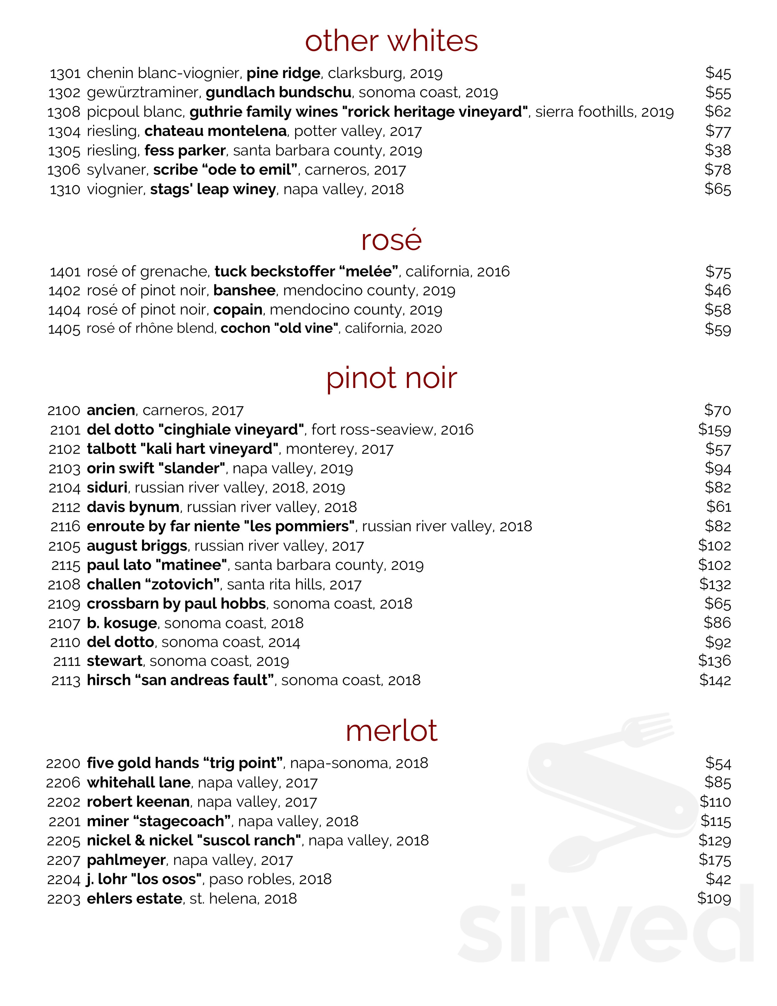 Napa on Providence menu in Charlotte, North Carolina, USA