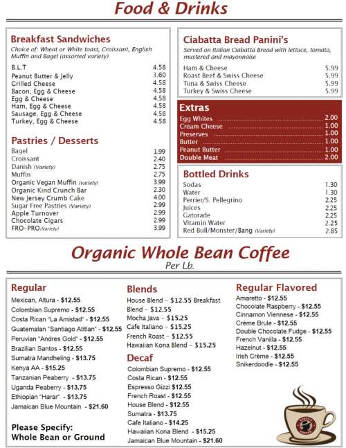 Gizzi's Coffee menu in Delray Beach, Florida, USA
