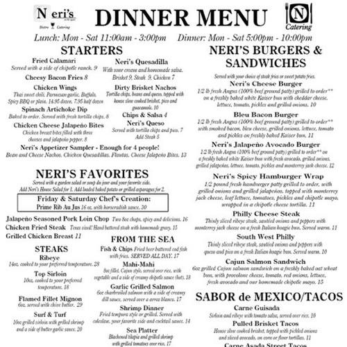 Neri's on the Square menu in Graham, Texas, USA