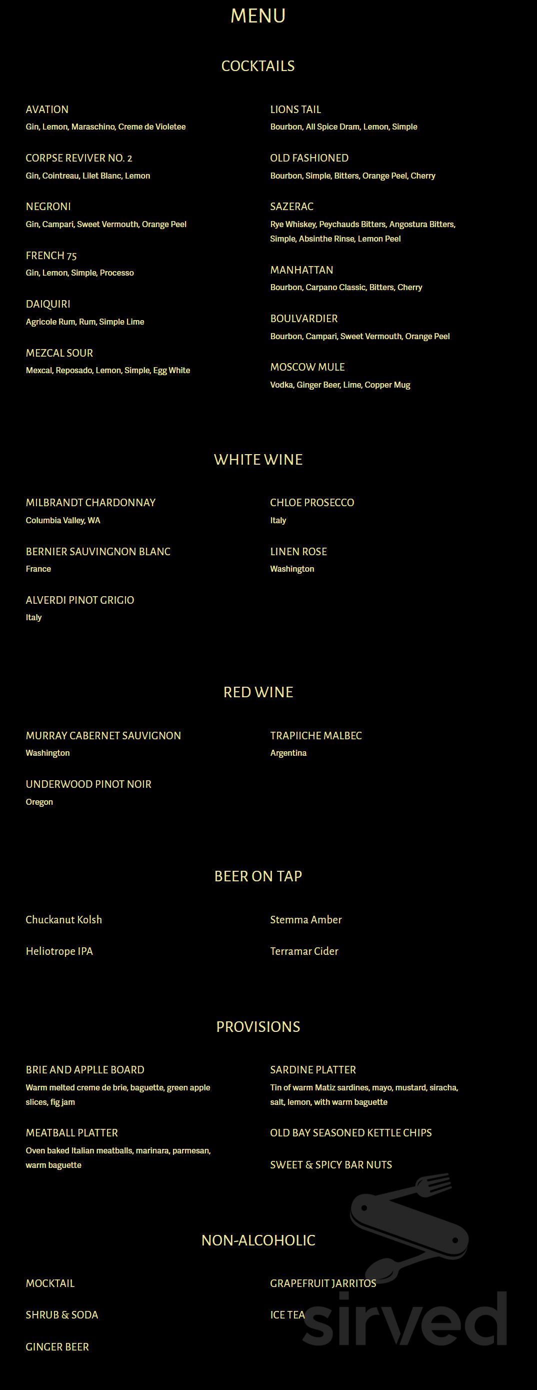 Southside Bar menu in Bellingham, Washington, USA