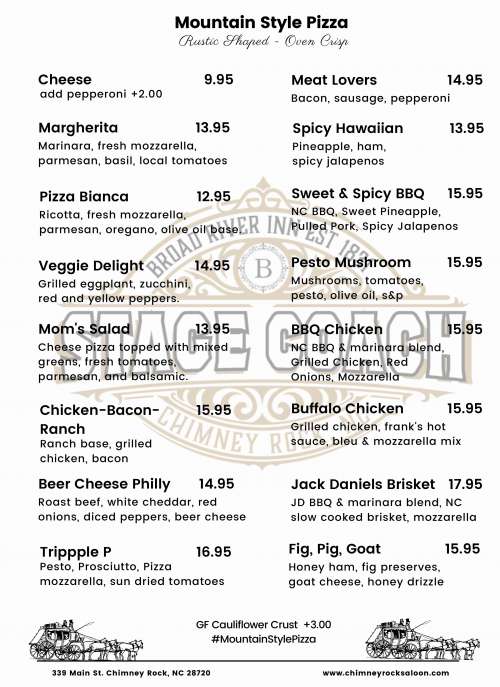 Stagecoach Saloon menu in Chimney Rock, North Carolina, USA