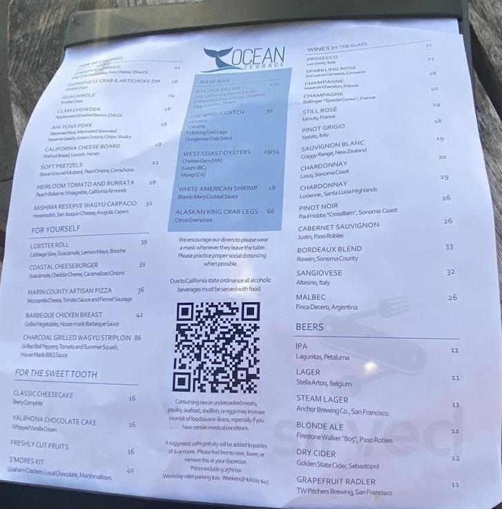 The Ocean Terrace menu in Half Moon Bay, California, USA
