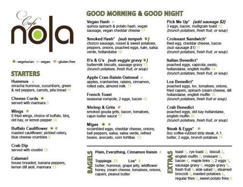 Cafe Nola menu in Frederick, Maryland, USA