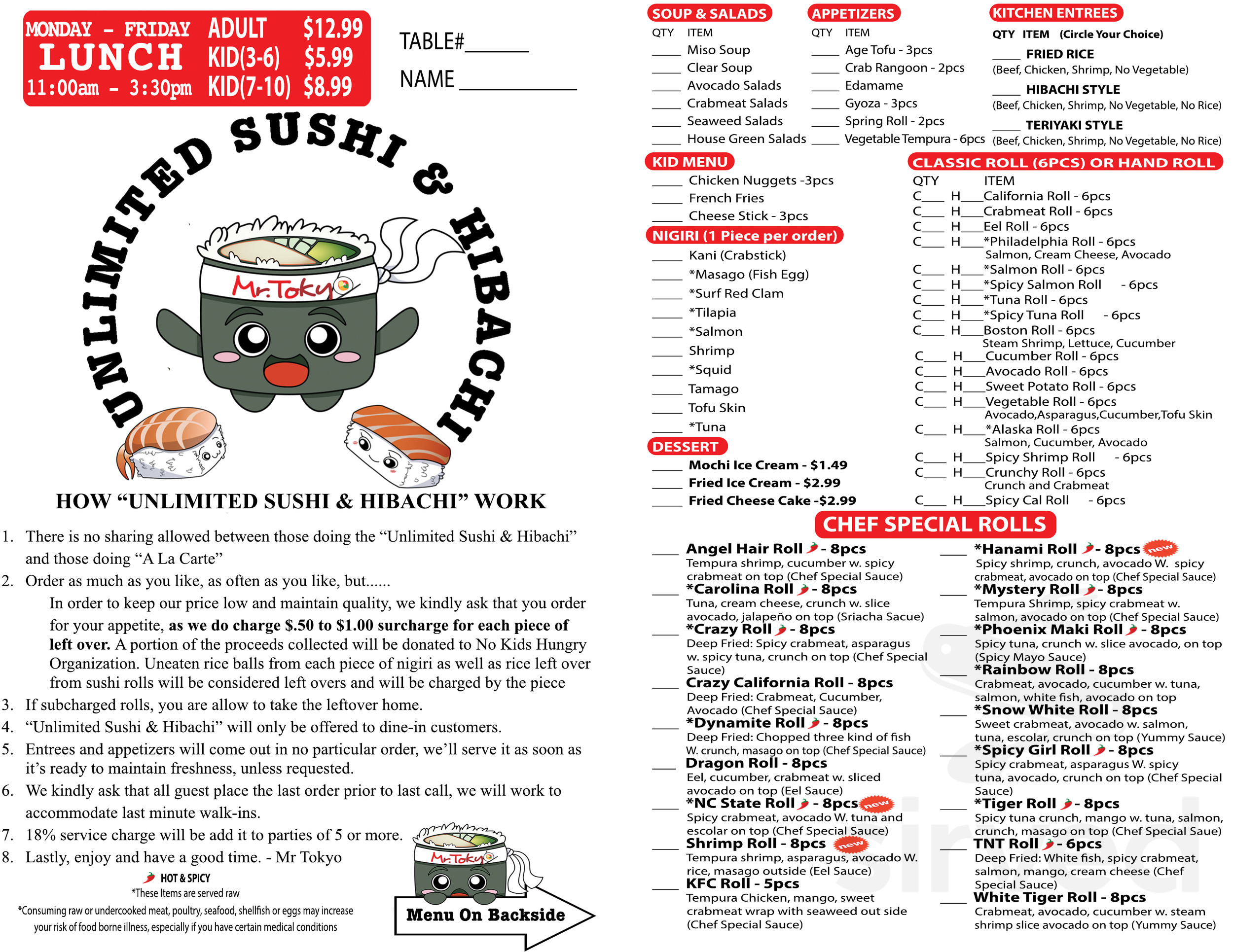 Mr Tokyo Japanese Restaurant menu in Chapel Hill, North Carolina, USA