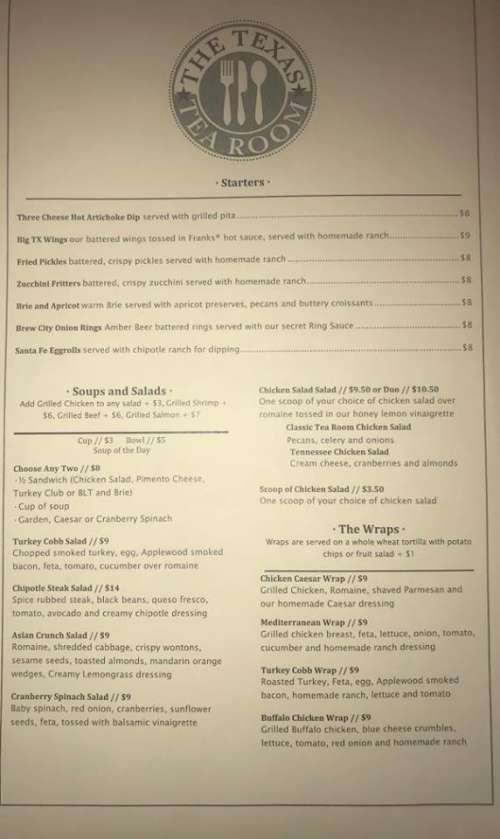 Texas Tea Room menu in Carthage, Texas, USA