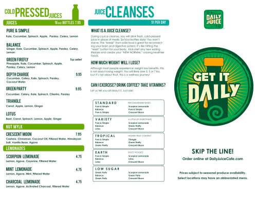 Daily Juice Cafe menu in Austin, Texas, USA