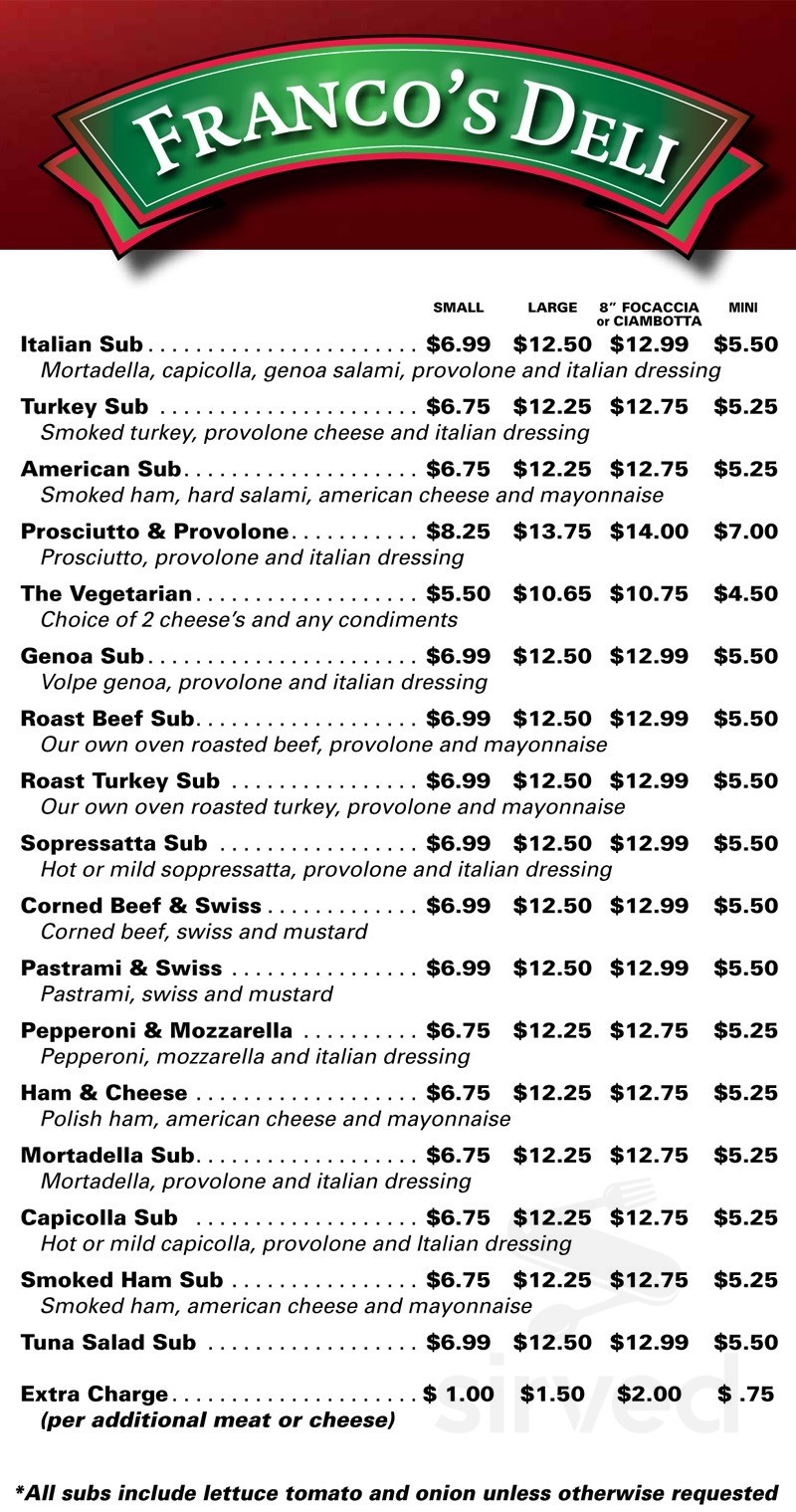 Franco's Cucina Inc menu in Streamwood, Illinois, USA