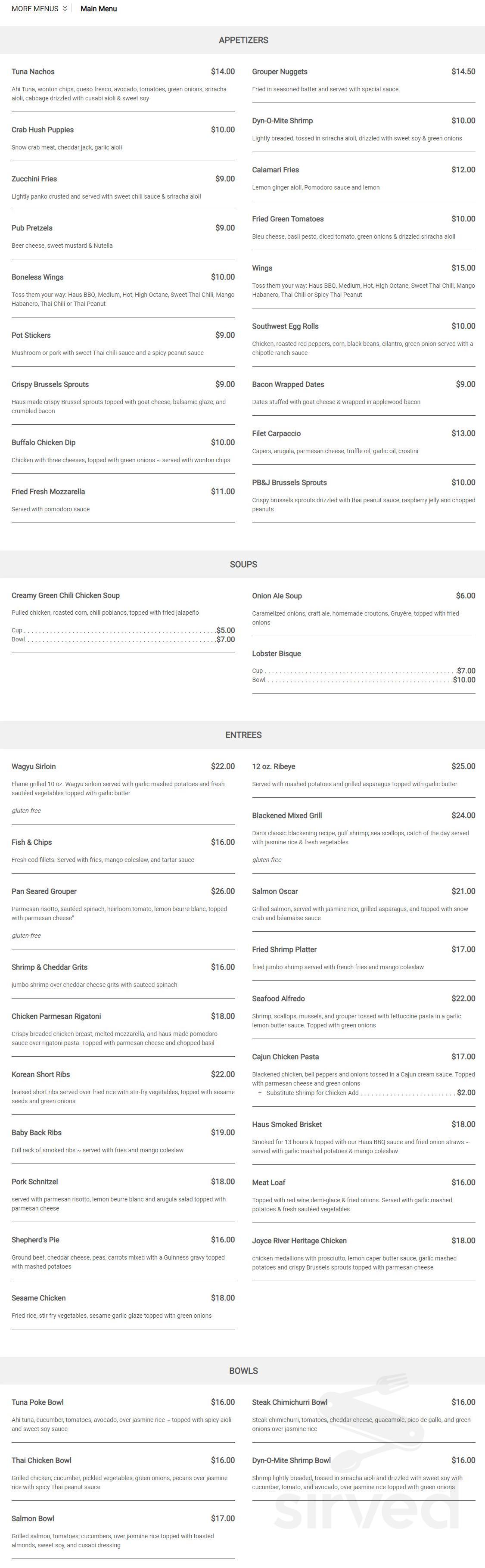 Clear Sky Club Haus menu in Palm Harbor, Florida, USA