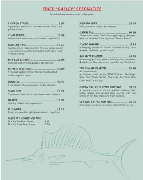 Ocean Galley Seafood menu in Statesboro, Georgia, USA
