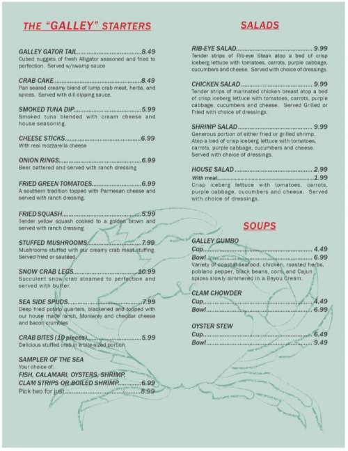 Ocean Galley Seafood menu in Statesboro, Georgia, USA