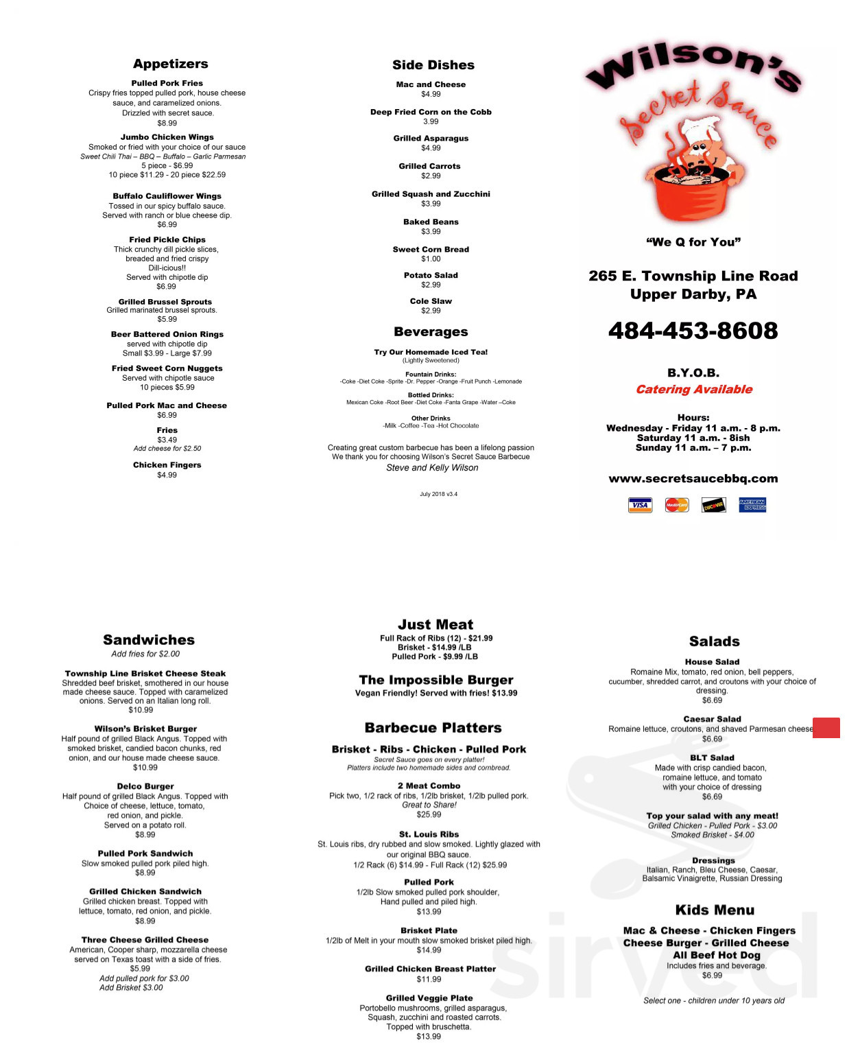 Menu for Wilson's Secret Sauce in Upper Darby, PA | Sirved