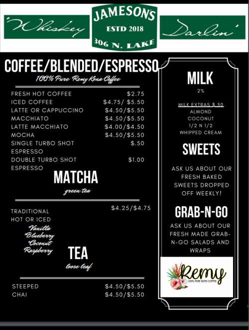 Jameson's menu in Crandon, Wisconsin, USA
