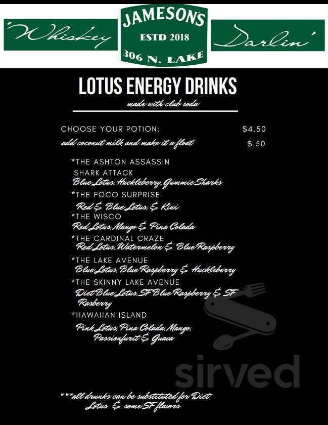 Jameson's menu in Crandon, Wisconsin, USA