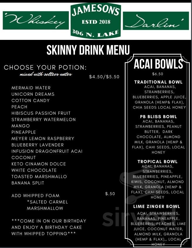 Jameson's menu in Crandon, Wisconsin, USA