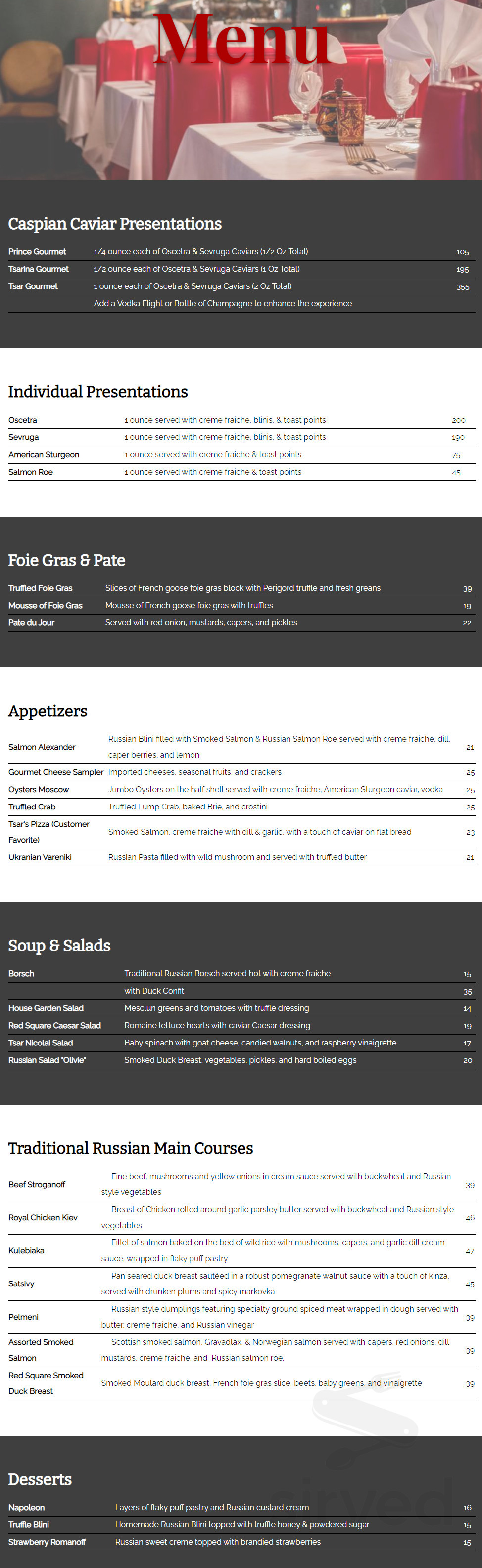 Menu for Red Square Caviar Bar in Rehoboth Beach, Delaware, United States