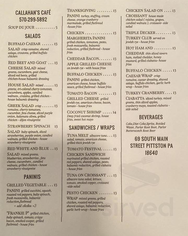 Callahan's Cafe and Coffee House menu in Pittston, Pennsylvania, USA