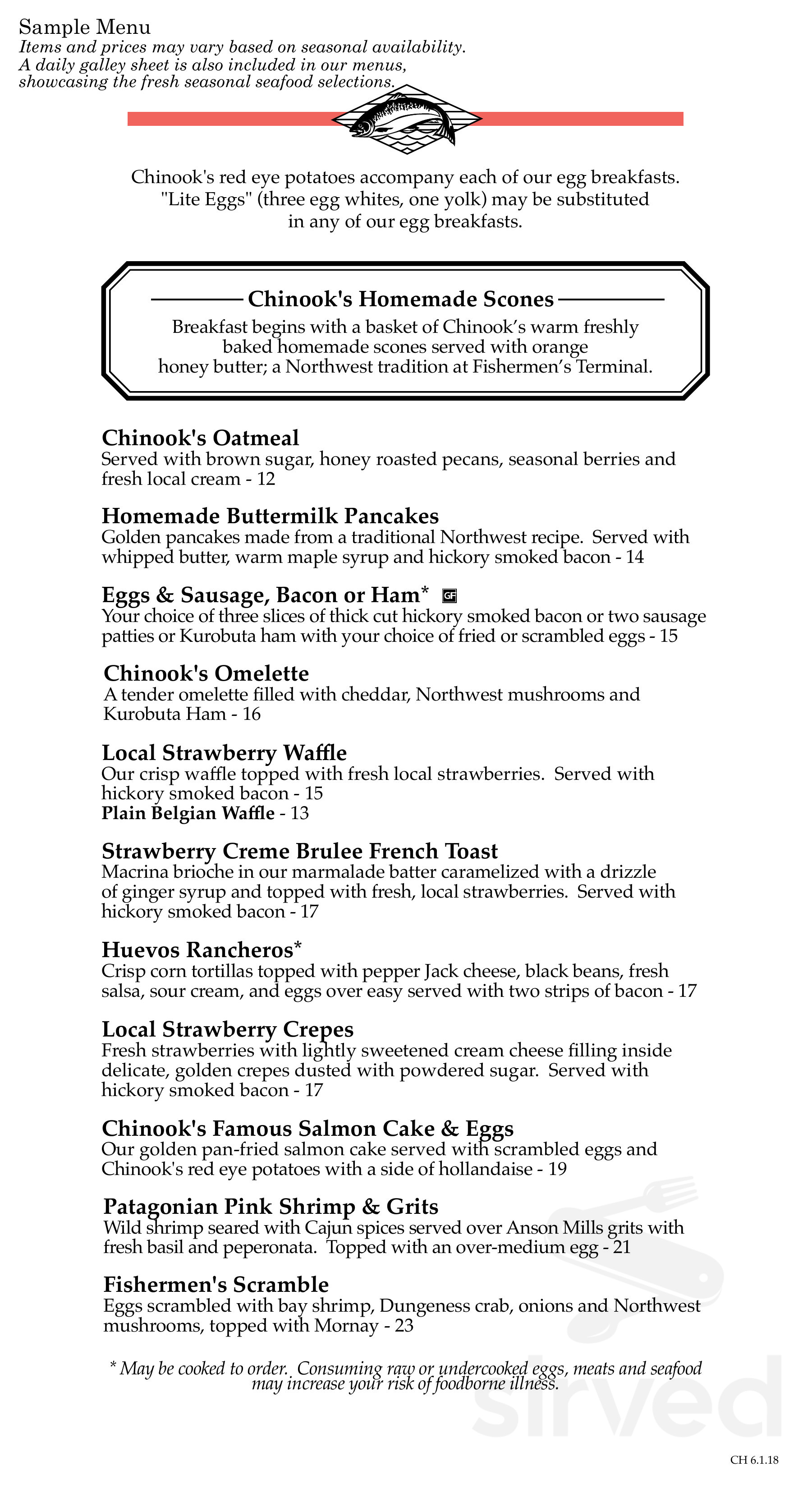 Menu for Chinook's At Salmon Bay in Seattle, WA | Sirved