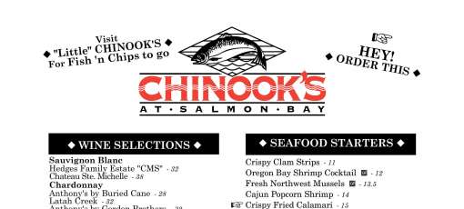 Menu for Chinook's At Salmon Bay in Seattle, WA | Sirved