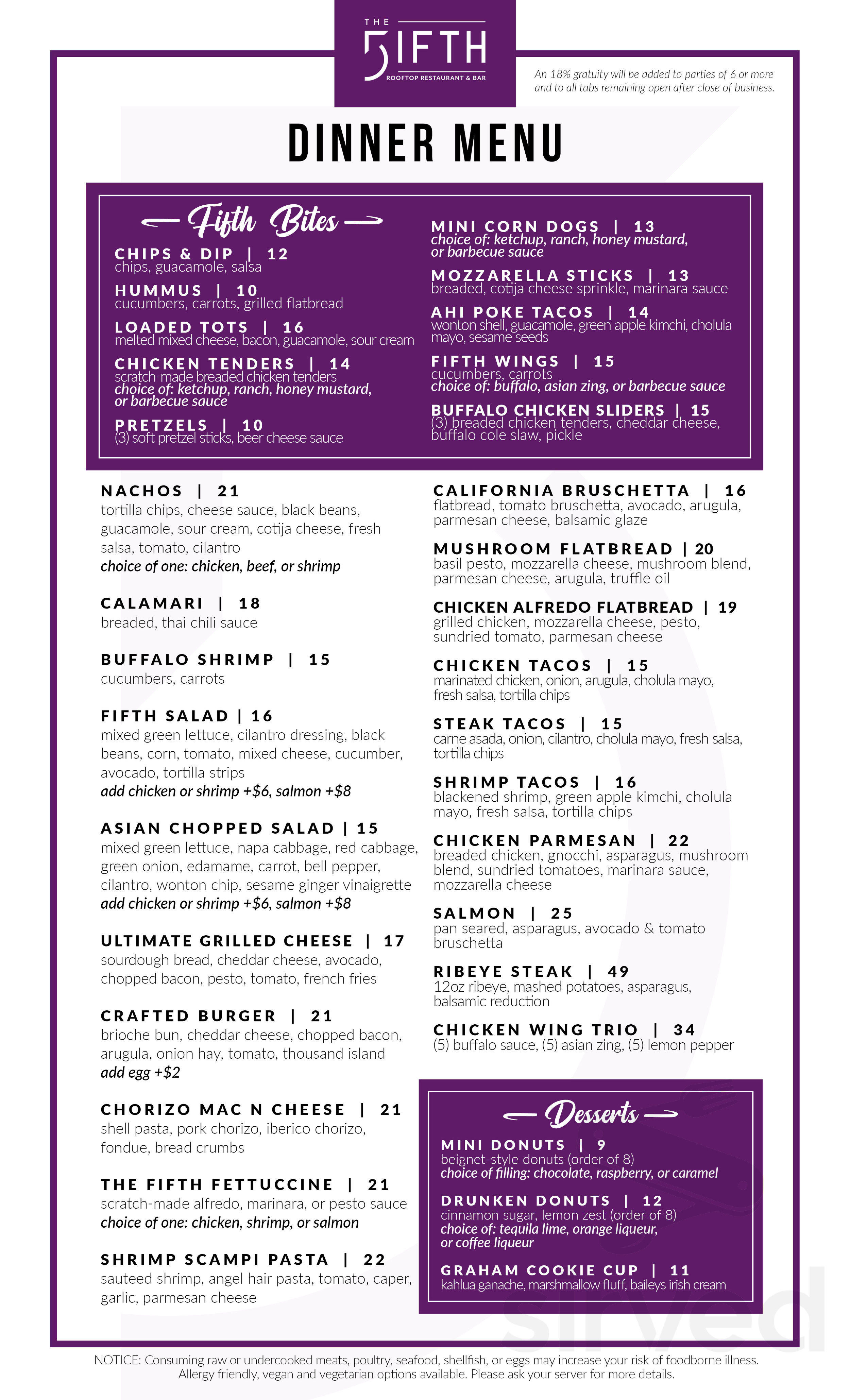 The FIFTH Rooftop Restaurant & Bar menu in Anaheim, California, USA