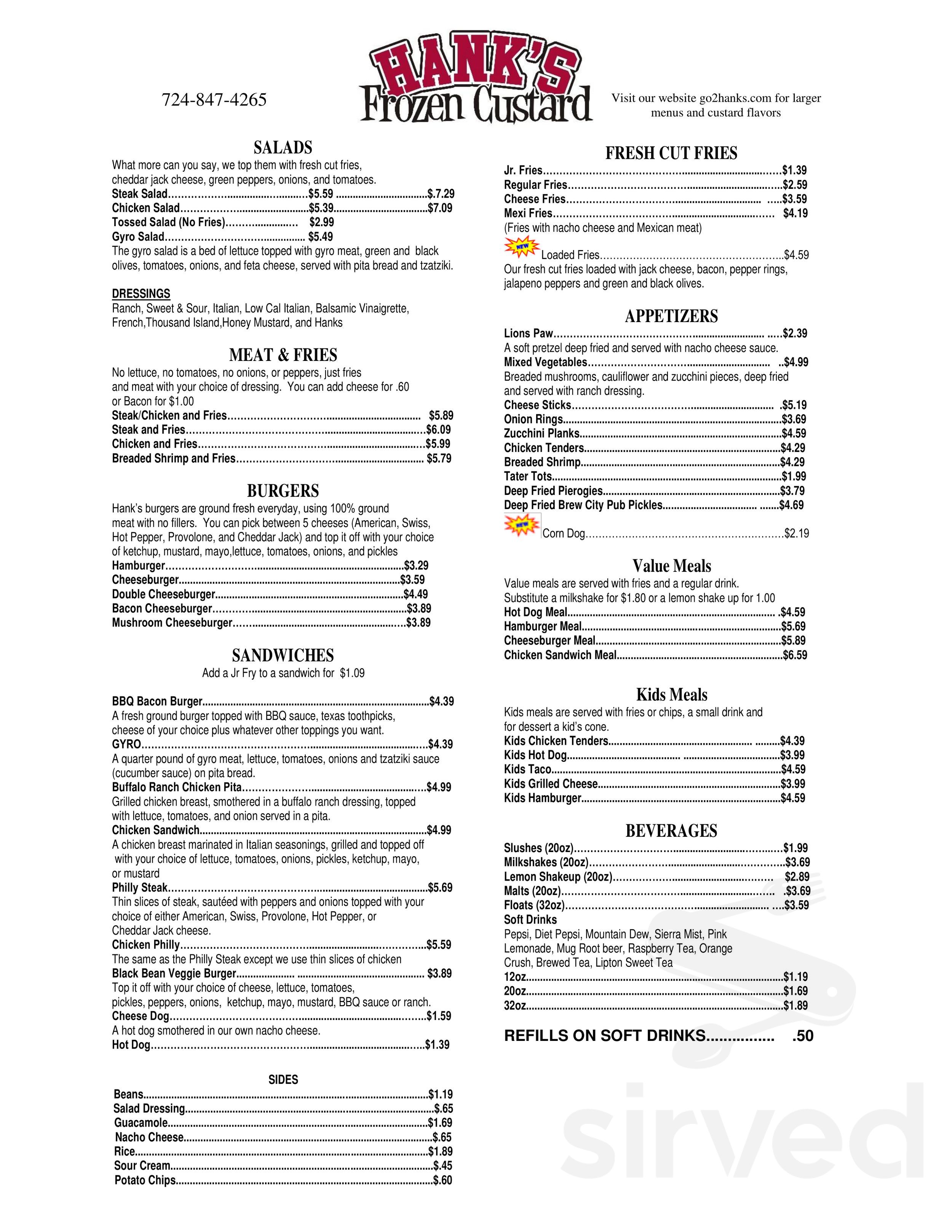 Menu for Hank's Frozen Custard & Mexican Food in New Brighton, PA | Sirved