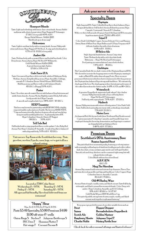 Scuttlebutt Brewing - Restaurant and Pub menu in Everett, Washington, USA