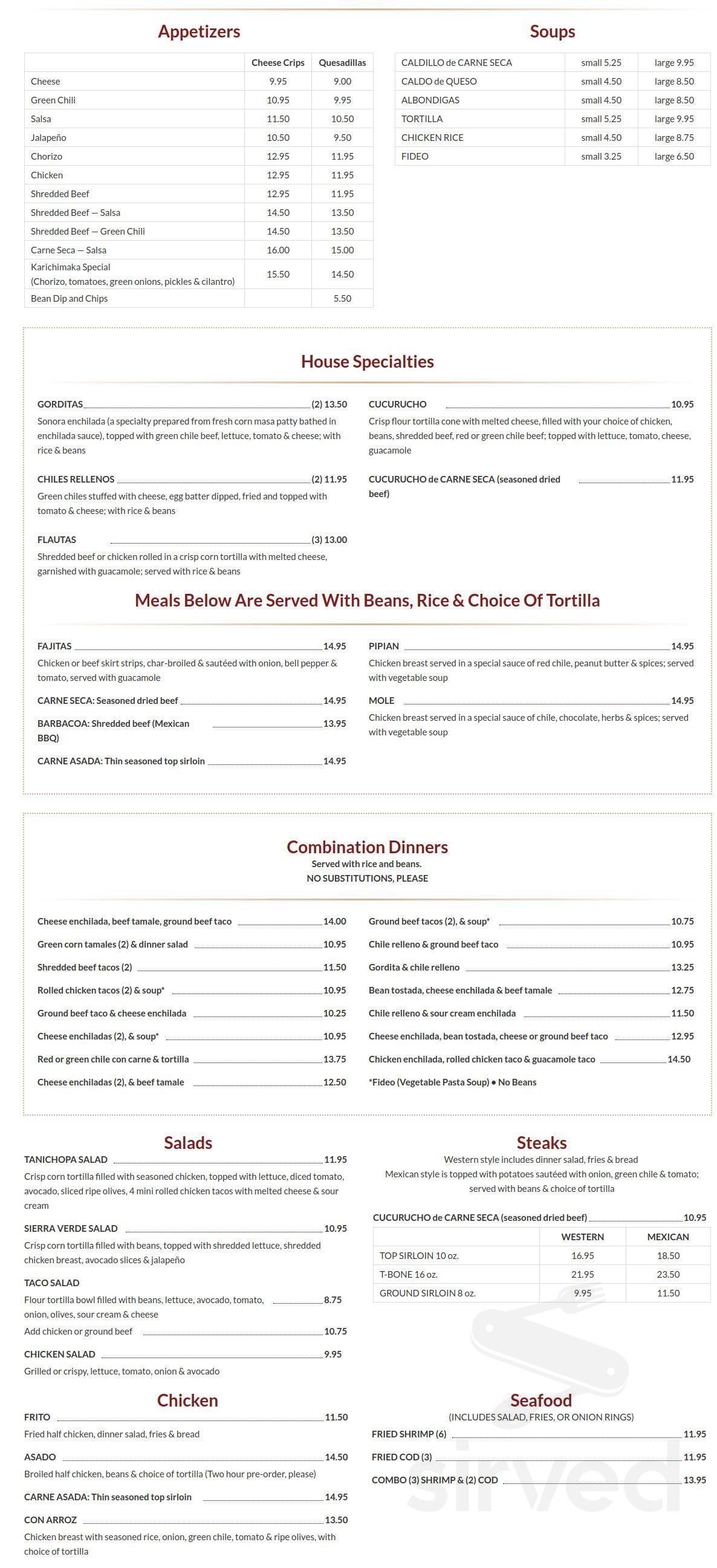Karichimaka Restaurant menu in Tucson, Arizona, USA