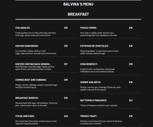 Balvina's Mexican Kitchen menu in Laguna Hills, California, USA