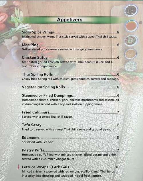 Siam Spice Thai Cuisine menu in Toms River, New Jersey, USA