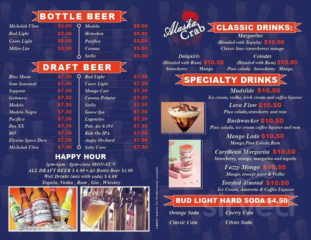 Alaska Crab menu in Moreno Valley, California, USA